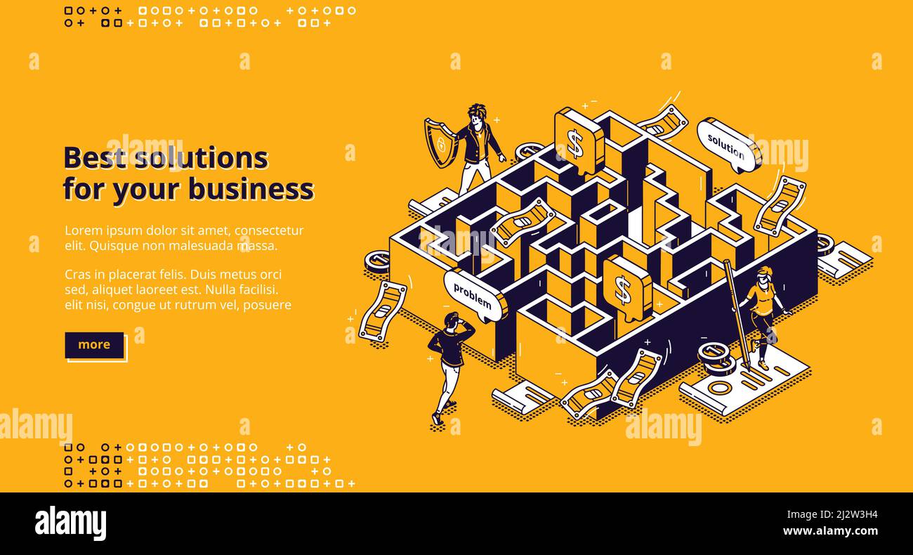 Best business solutions isometric landing page, businessman looking for way to solve problem ...