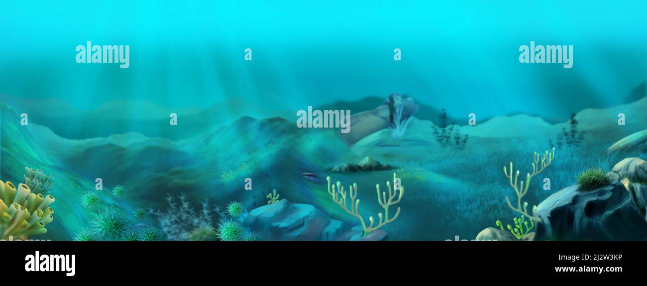 Underwater landscape in the deep sea. Digital Painting Background ...