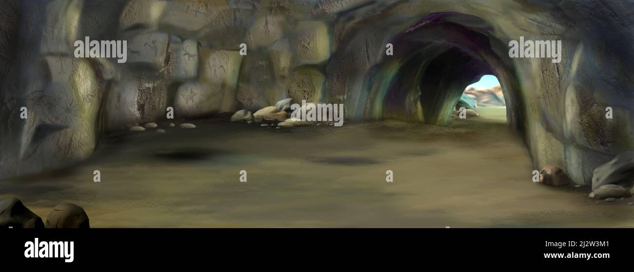 Large cave with drawings of ancient people on the walls. Digital ...