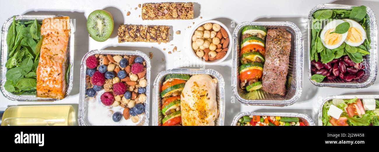 Healthy catering menu, courier food delivery lunch boxes. Beef steak ...