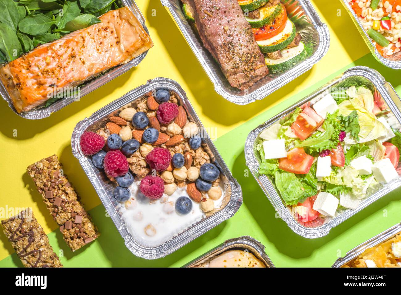 Healthy catering menu, courier food delivery lunch boxes. Beef steak ...