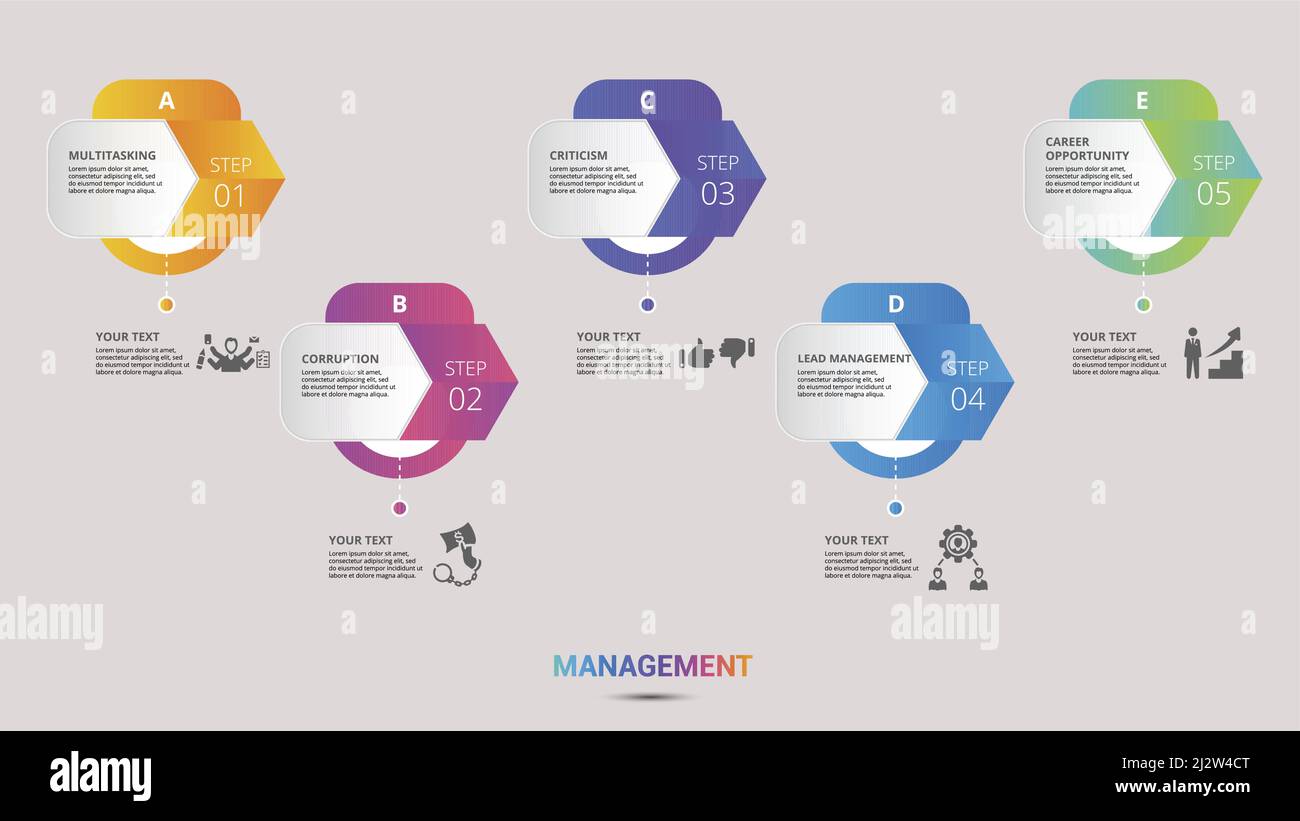 Infographic Management icons vector illustration. 5 colored steps info ...