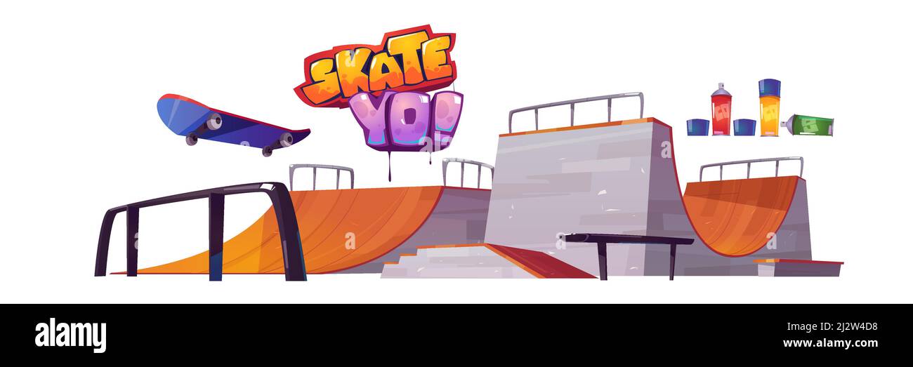 Skate park ramps, skateboard and graffiti letters isolated on white ...