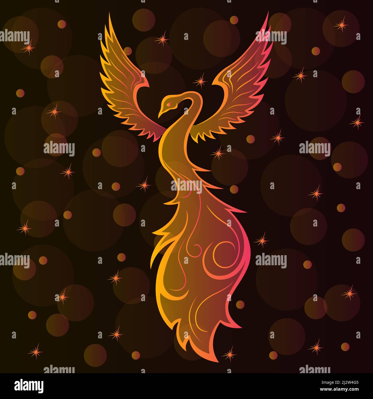 Illustration of beautiful phoenix in orange-pink hues on a dark brown ...