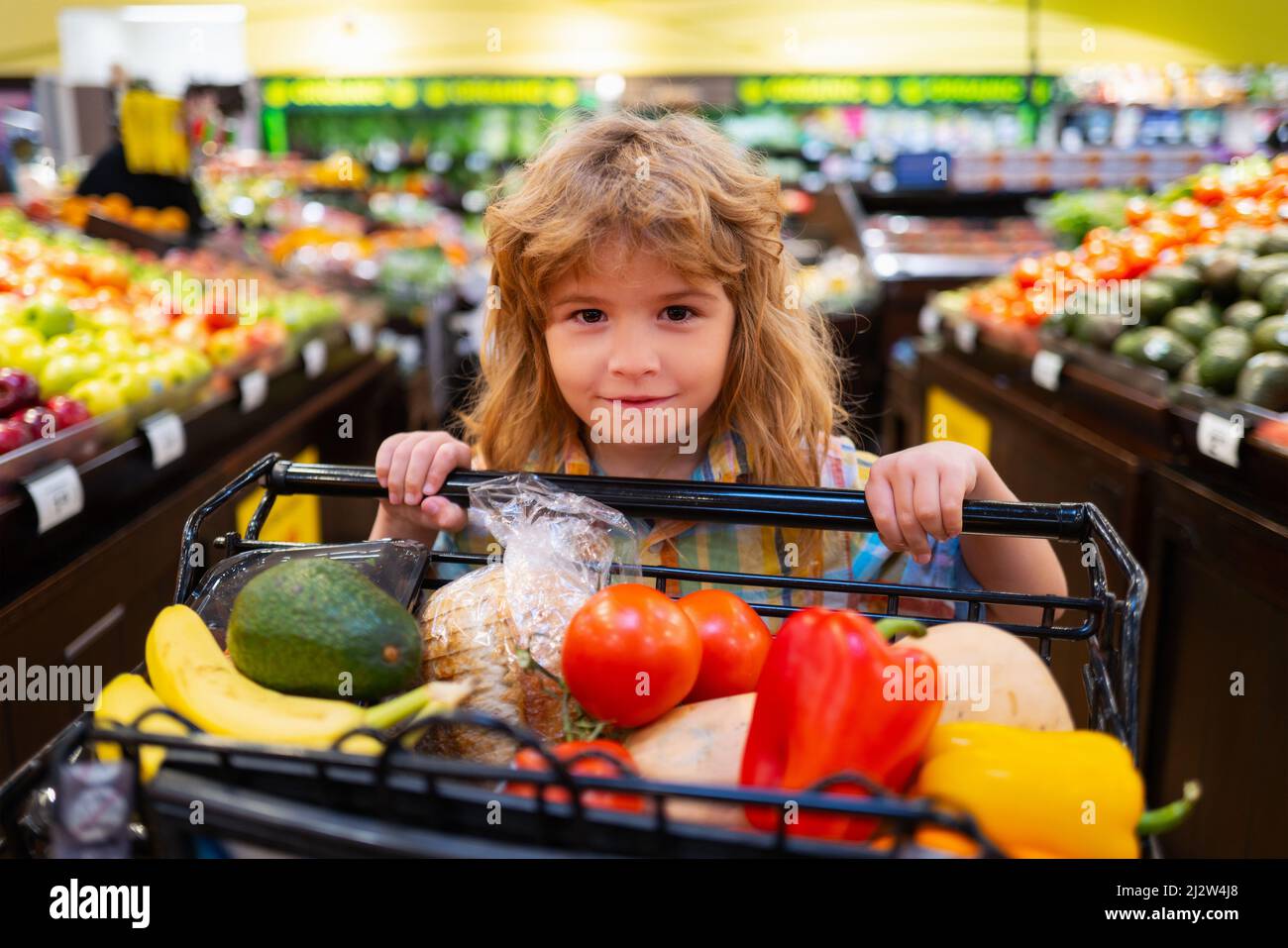 Healthy kids food. Child in supermarket buys vegetables. Kids shopping ...