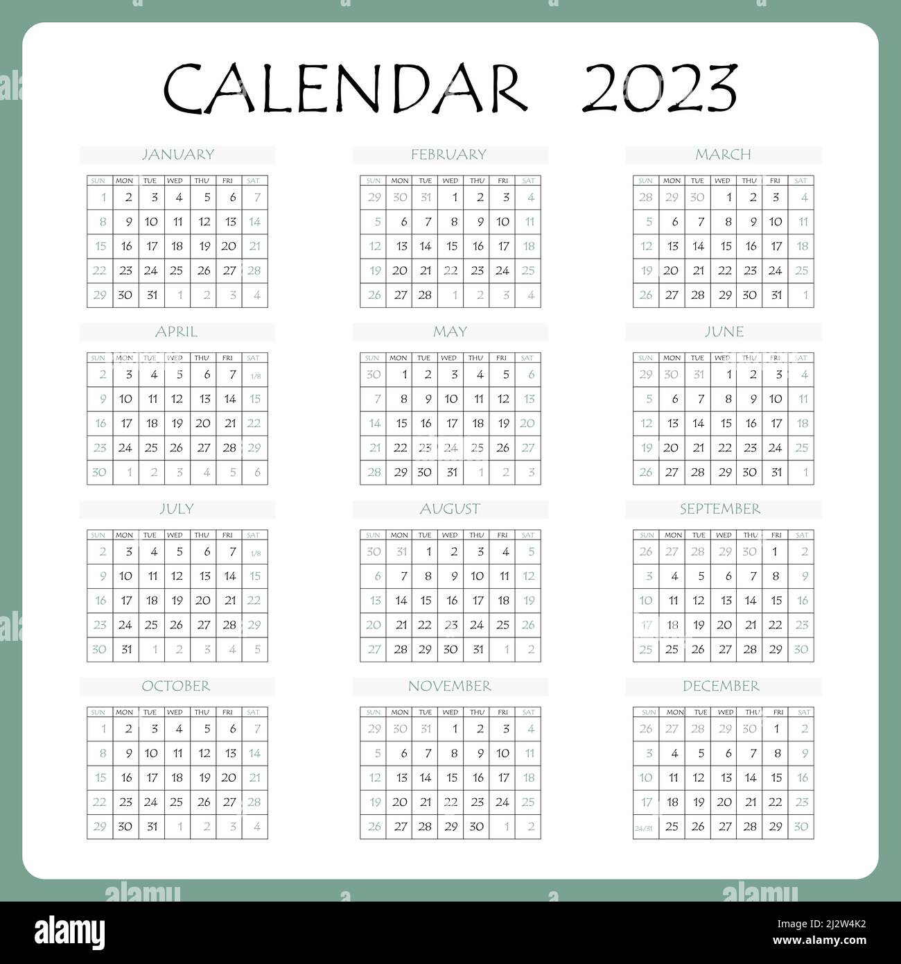 2023 calendar planner. Corporate week. Template layout, 12 months ...