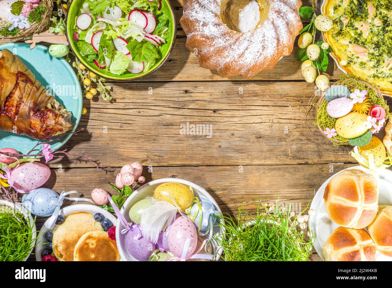 Festive dinner, Easter brunch. Traditional Easter dishes on family home ...