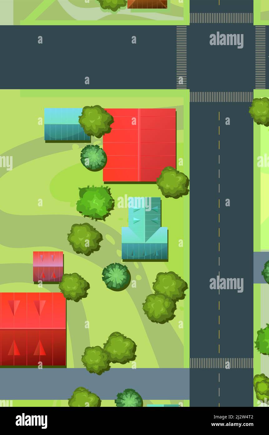House by road. Streets of city. Top View from above. Small town house ...