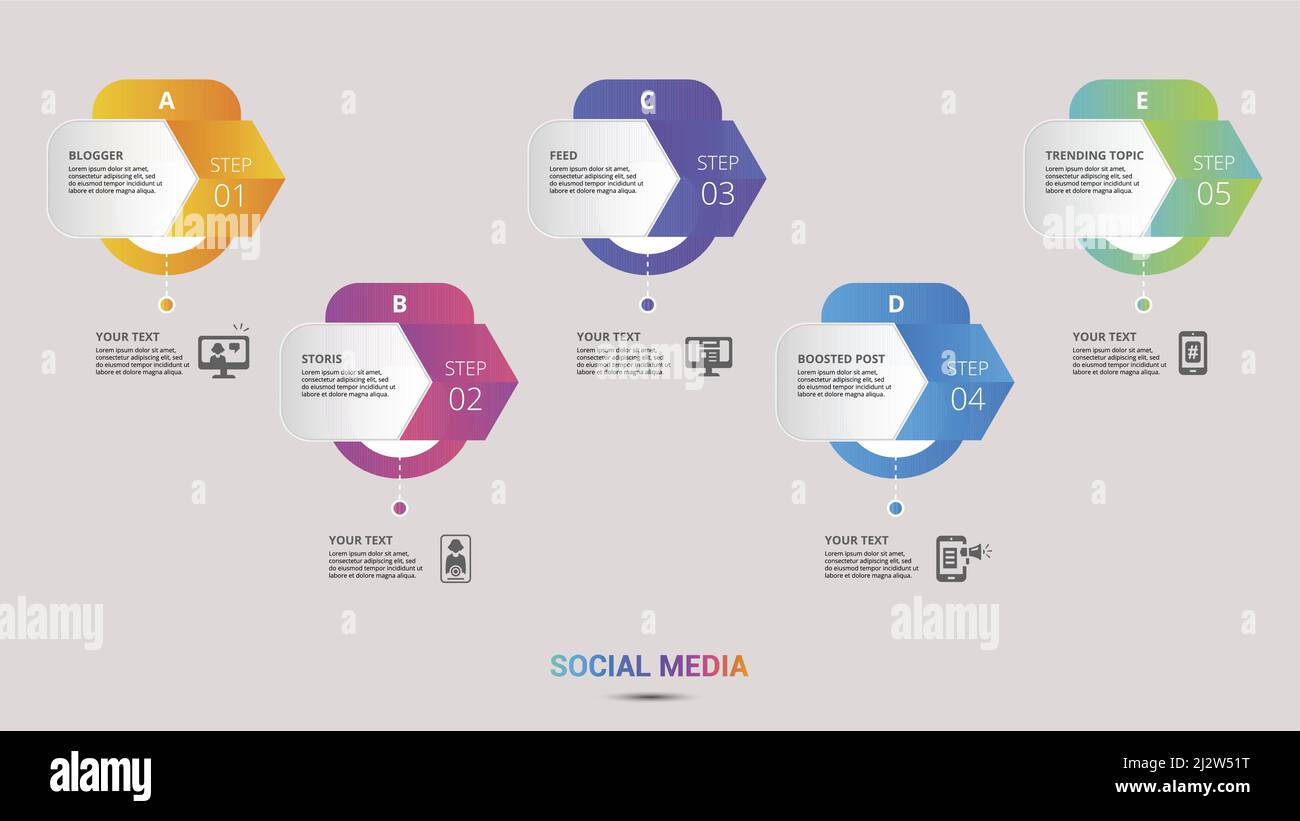 Infographic Social Media icons vector illustration. 5 colored steps ...