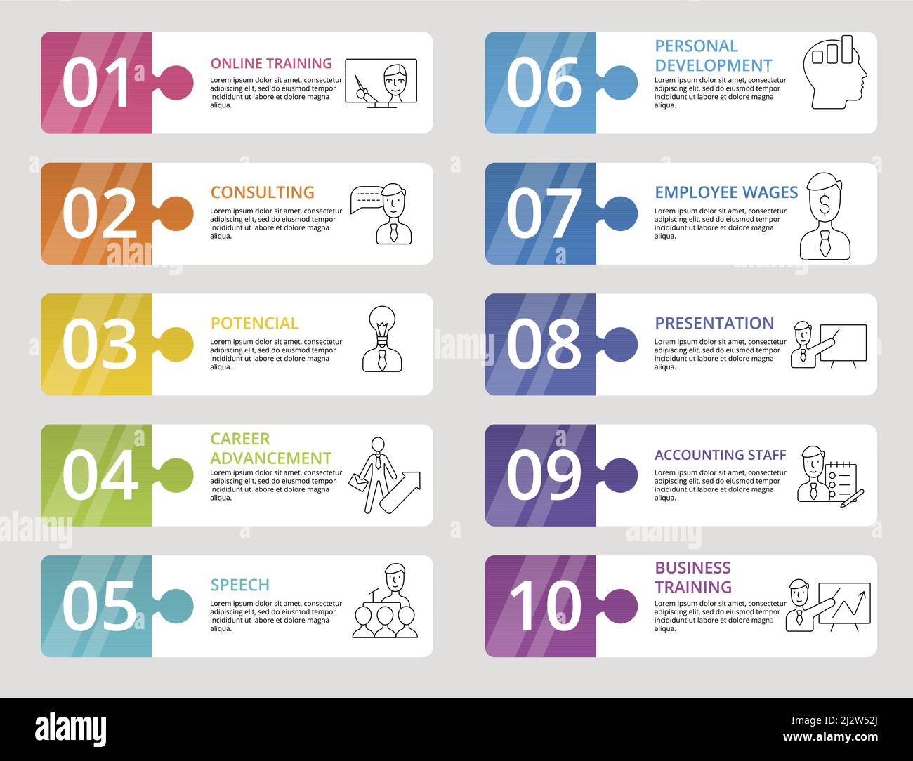 Infographic Business Training icons vector illustration. 10 colored ...