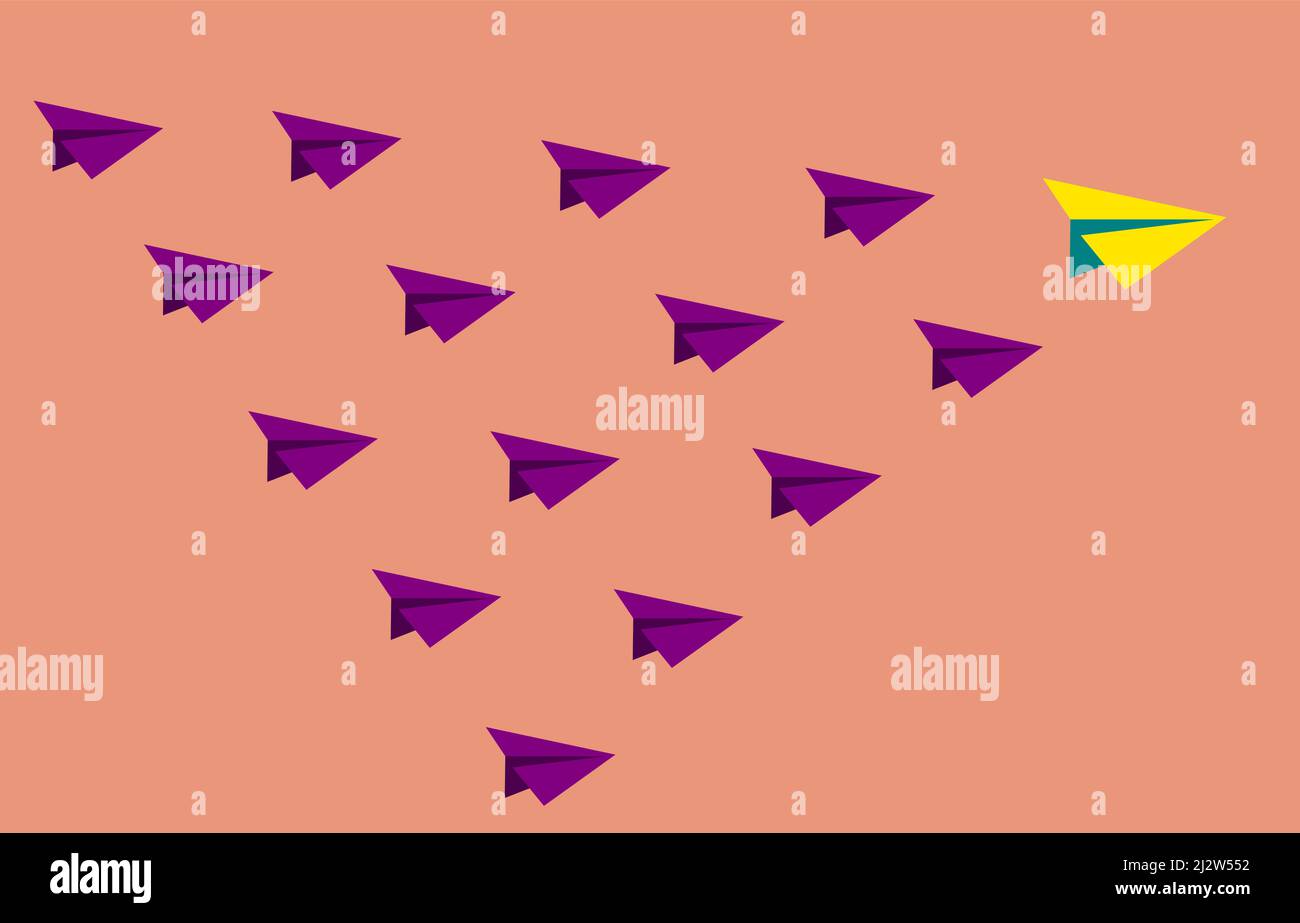 Illustration of purple color planes following yellow leader. Concept ...