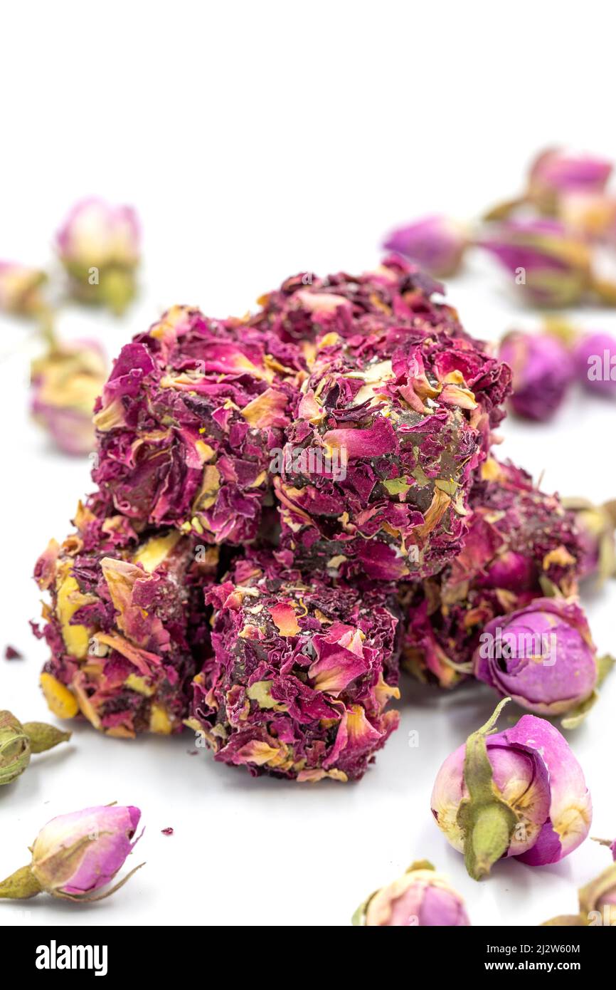 Turkish Delight with Rose Petals and Pistachio isolated on a white ...