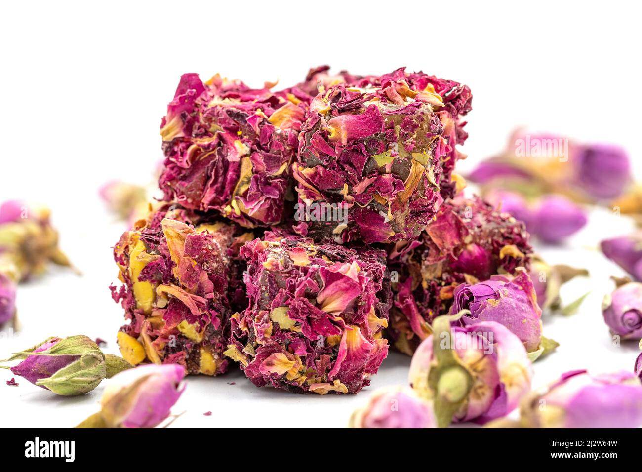 Turkish Delight with Rose Petals and Pistachio isolated on a white ...