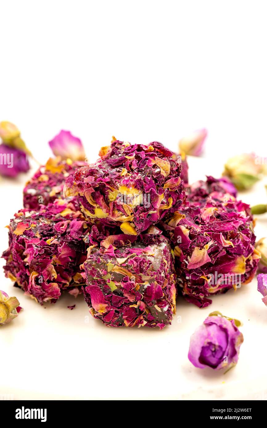 Turkish Delight with Rose Petals and Pistachio isolated on a white ...
