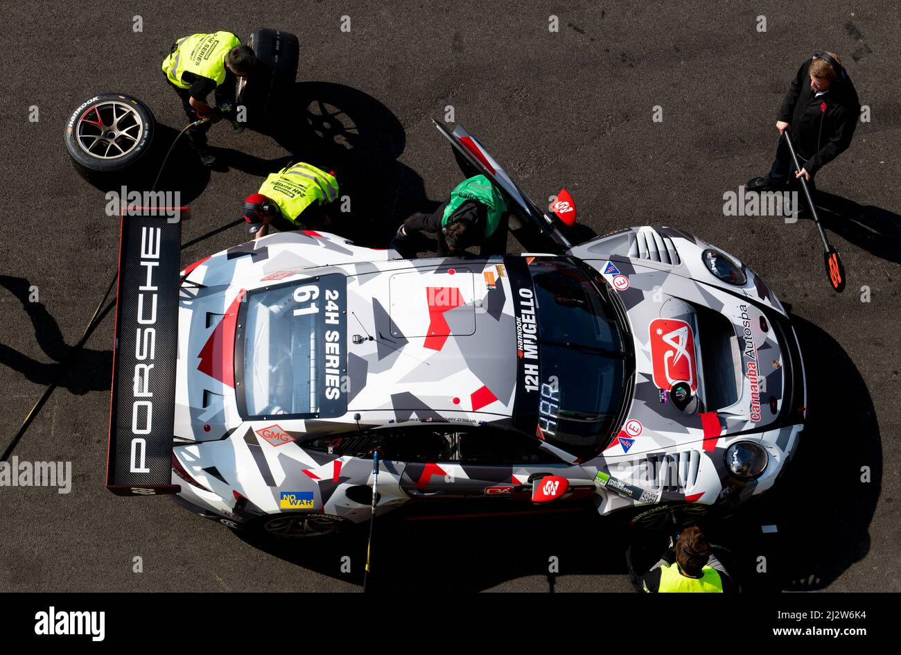 Porsche gt race car at pit stop high angle view. Mugello, Italy, march ...