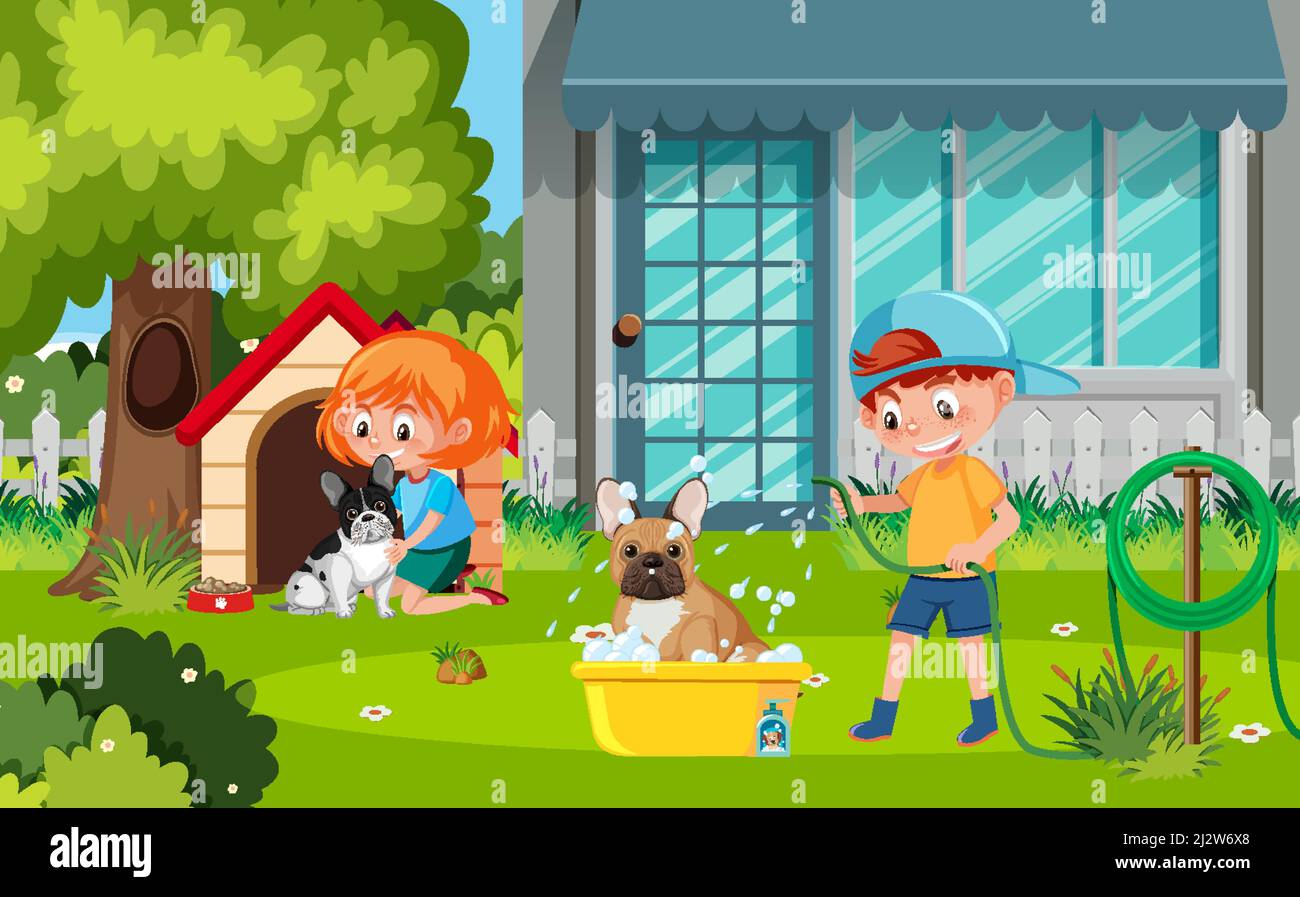 Outdoor scene with children washing their dogs illustration Stock ...