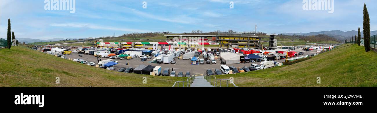 Large view of circuit paddock and racetrack landscape. Mugello, Italy ...