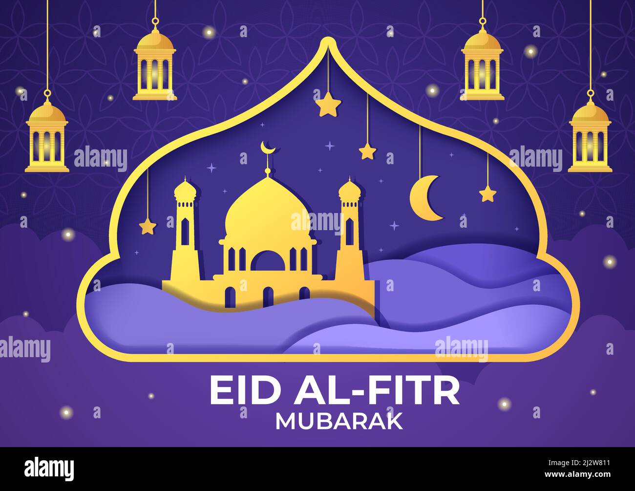 Happy Eid ul-Fitr Mubarak Background Illustration with Pictures of Mosques, Moon, Antennas and ...