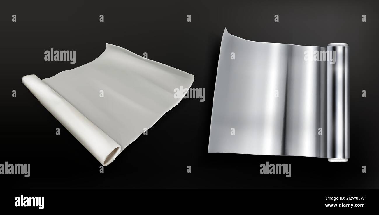 Rolls of aluminium foil and baking paper isolated on black background ...
