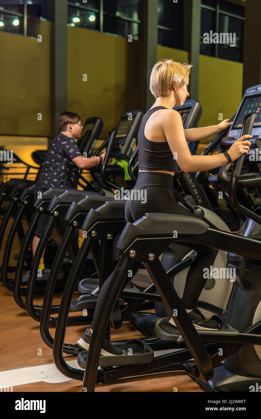 Elliptical trainer young woman person, In the afternoon female exercise ...