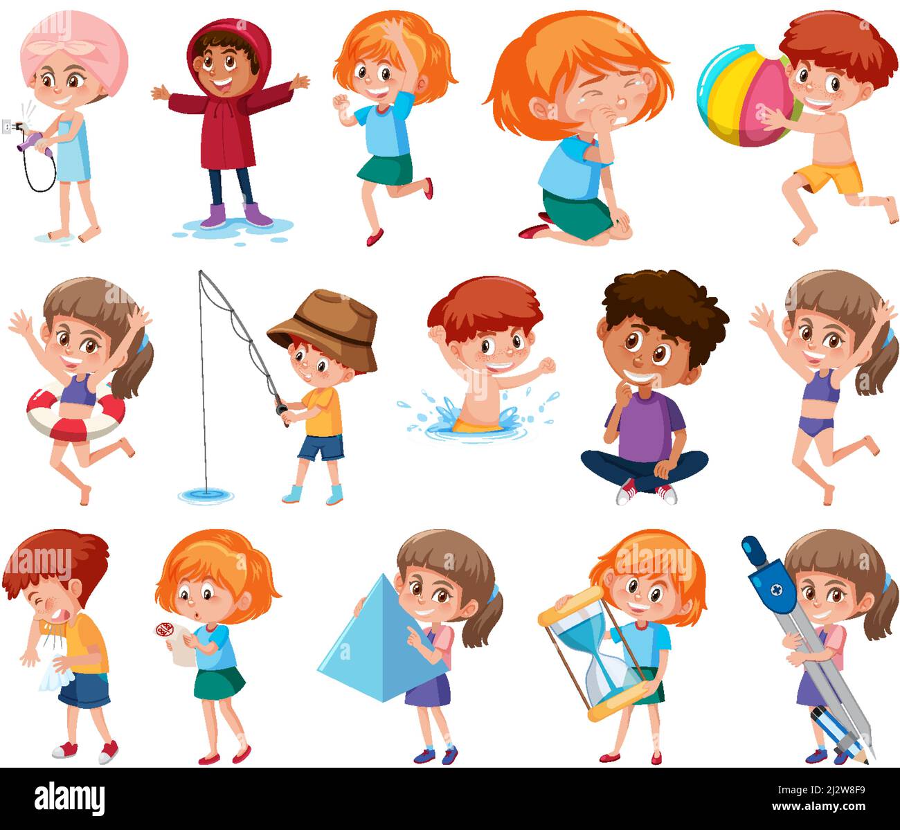 Set of children doing different activities on white background ...