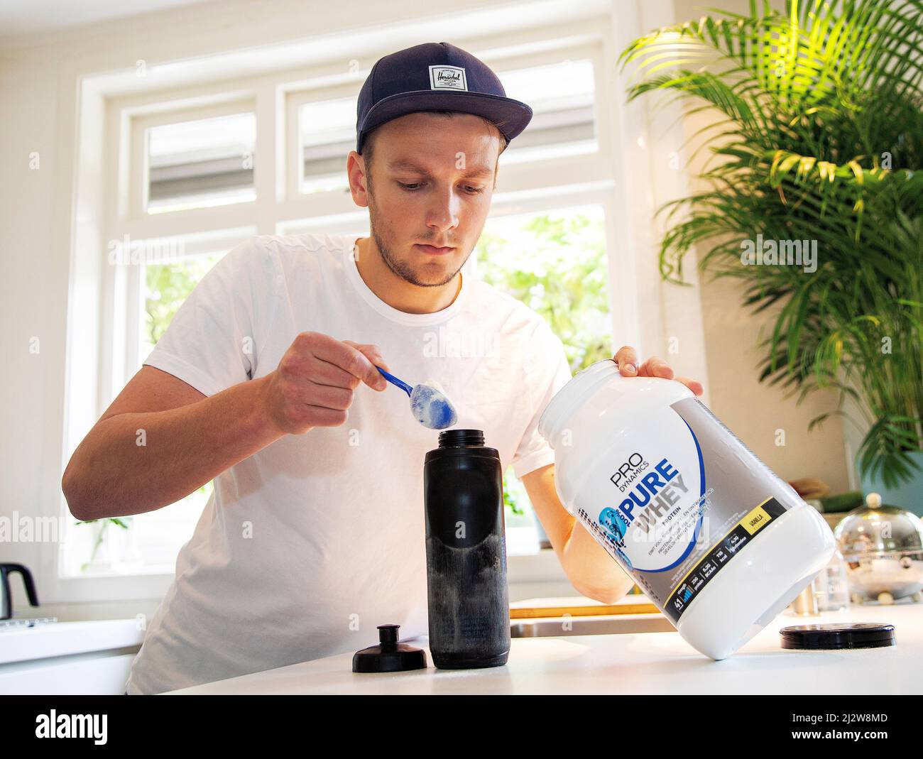 Protein Shake. Healthy Smiling Man With Muscular Body Preparing Sports ...