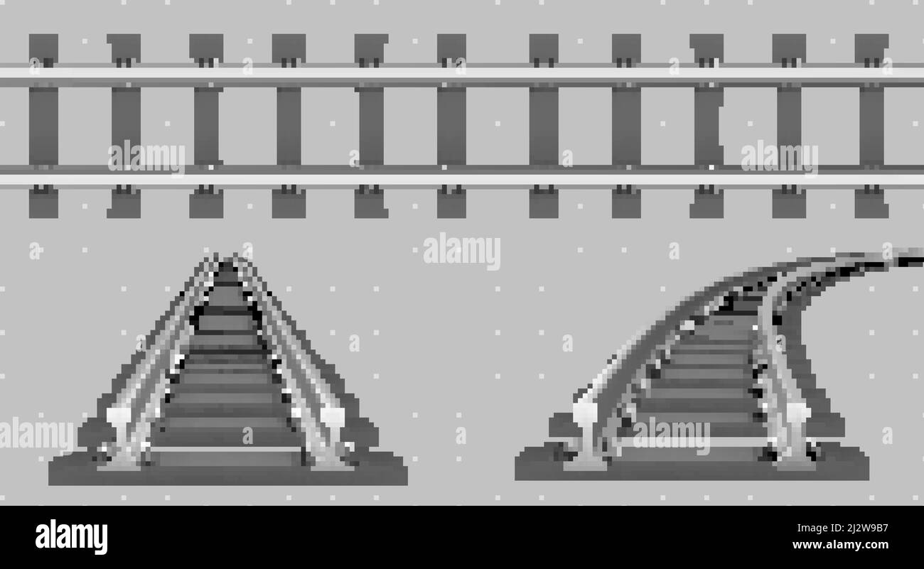 Train track, straight and turn railway in top and perspective view ...