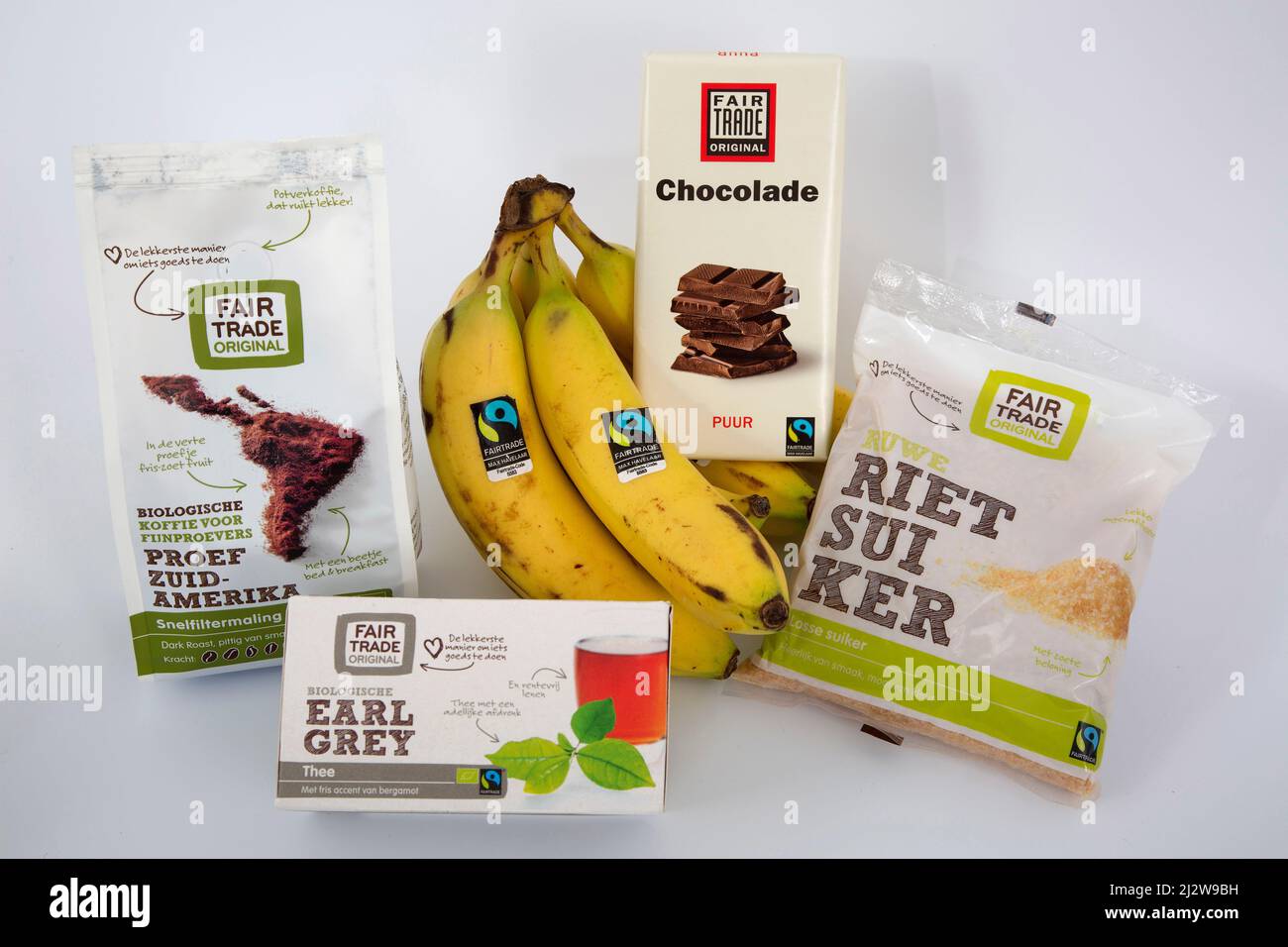 Netherlands, "Fair Trade" products on display in an eco shop. Coffee ...