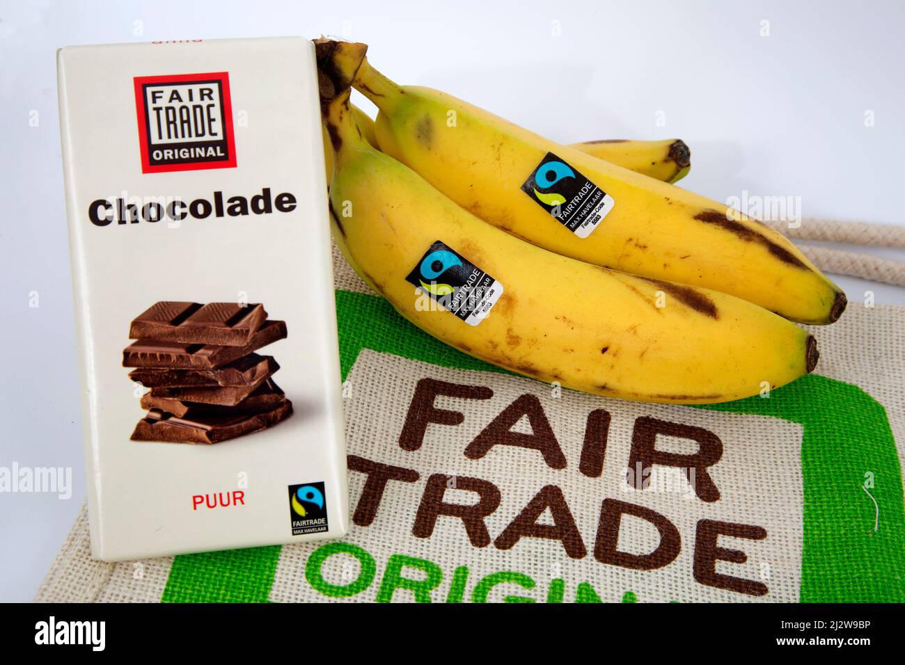 Netherlands, "Fair Trade" products on display in an eco shop. Coffee ...