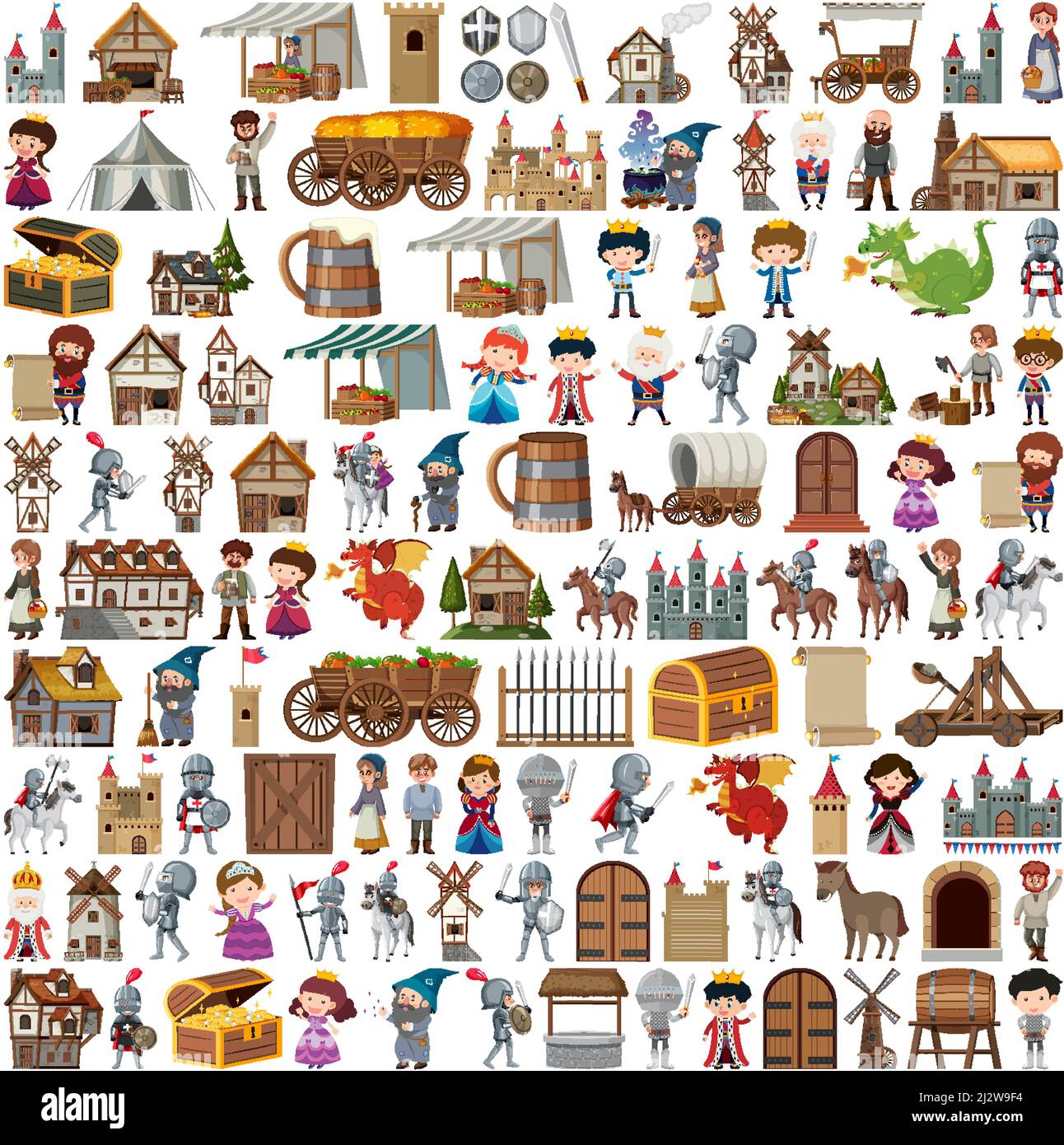 Medieval characters buildings set illustration Stock Vector Image & Art ...