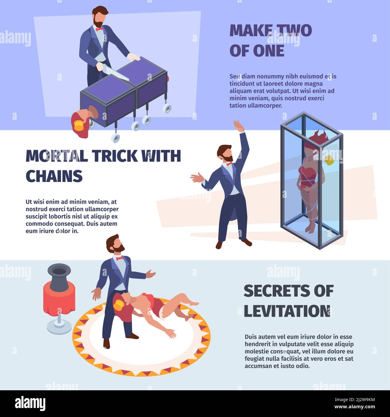 Magic banners. Magician working trick with cards mystery show ...