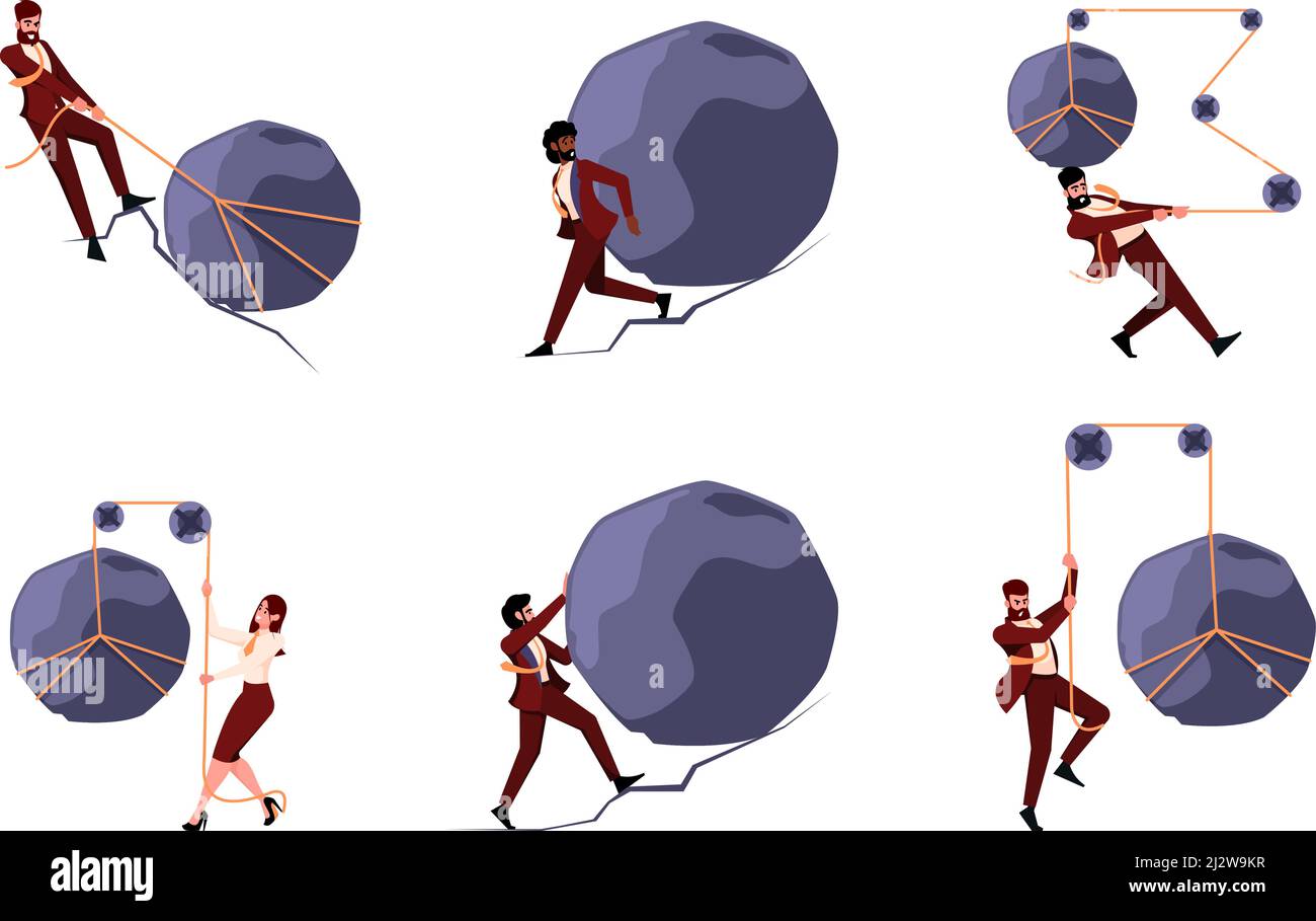 Businessman pushing stones. Effort team with pulling big weight stones ...