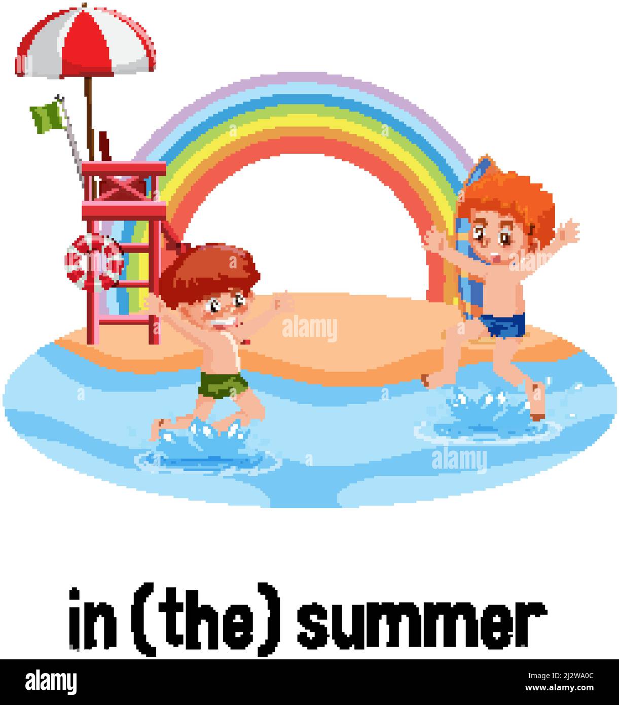 English prepositions of time with holiday beach scene illustration ...