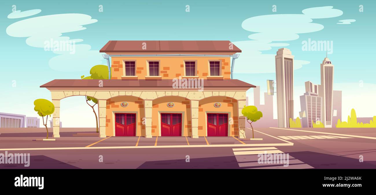 Fire station building with closed red gates. Vector cartoon summer ...