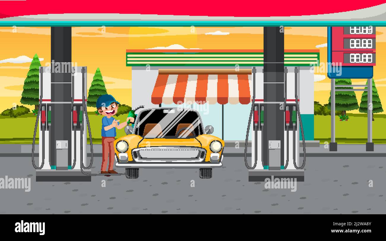 Gas station cartoon scene illustration Stock Vector Image & Art - Alamy