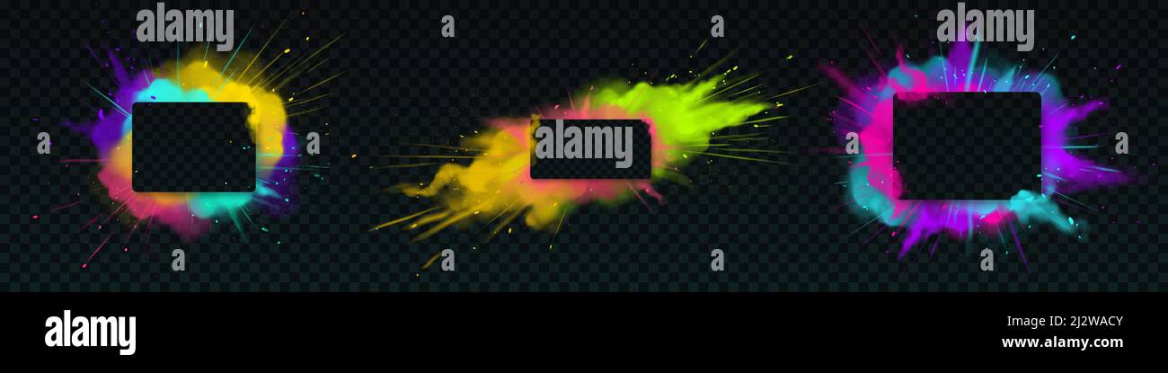 Color powder explosion with rectangle banners. Clouds of colorful dust ...