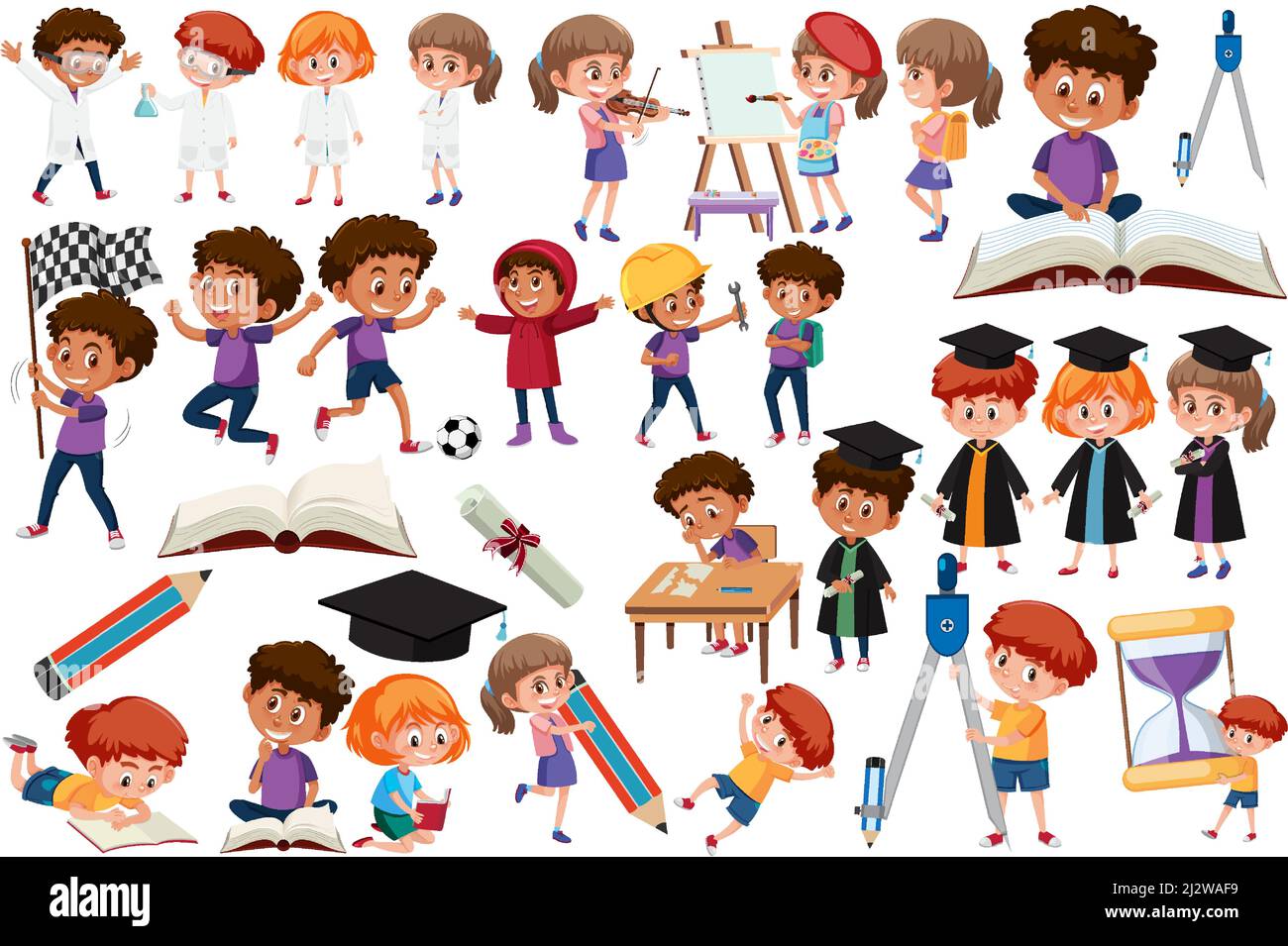 Collection of many kids doing different activities illustration Stock ...