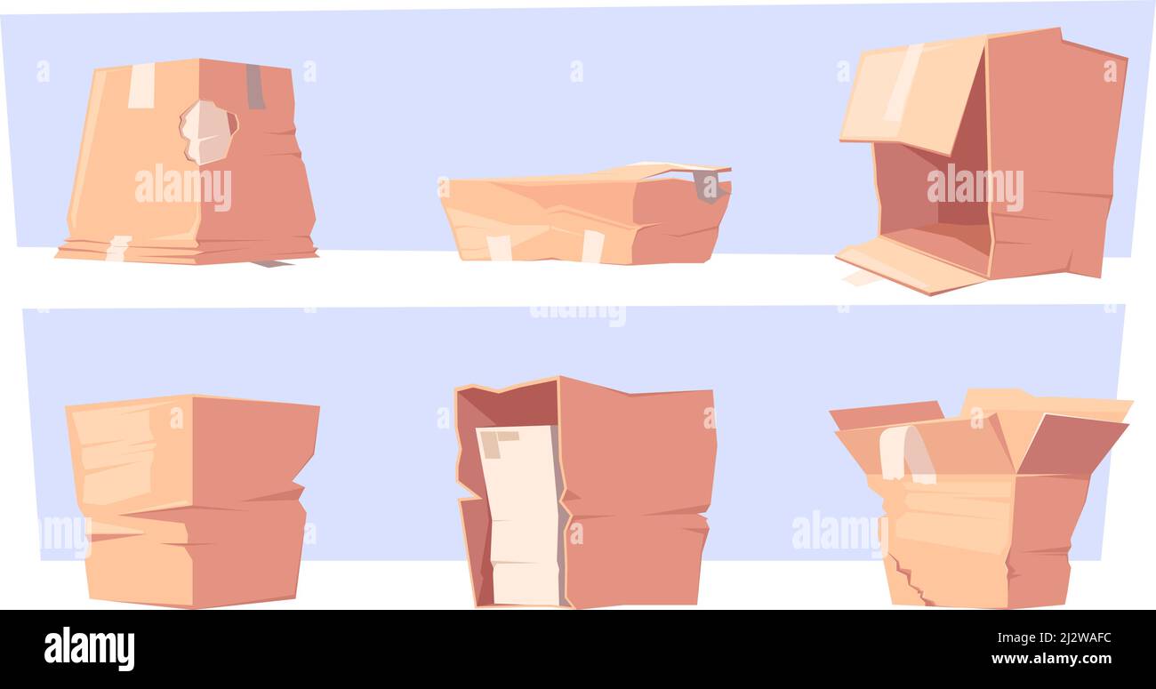 Damaged boxes. Problem products delivery broken moving cardboard dirty containers garish vector ...