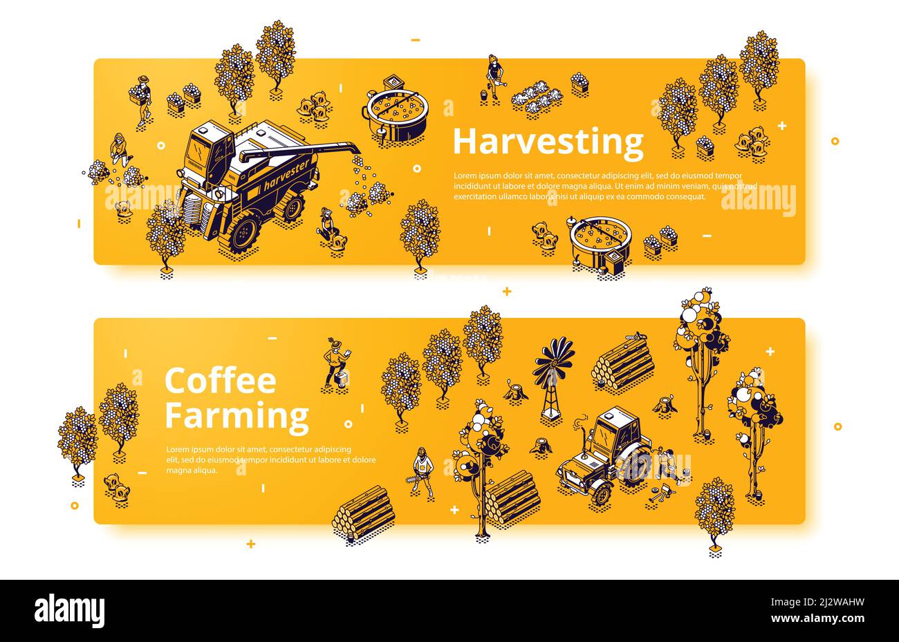 Coffee farming and harvesting isometric banners, farmers working on ...