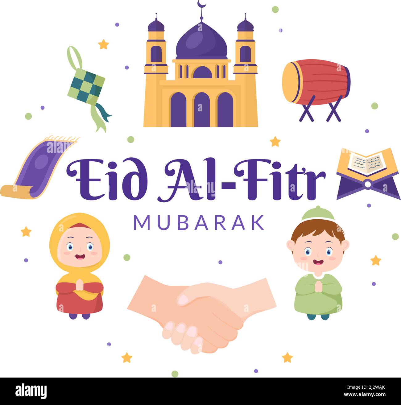 Happy Eid ul-Fitr Mubarak Cartoon Background Illustration with Pictures of Mosques, Ketupat ...