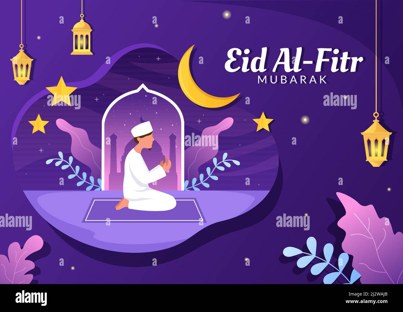 Happy Eid ul-Fitr Mubarak Background Illustration. Muslims Praying with ...