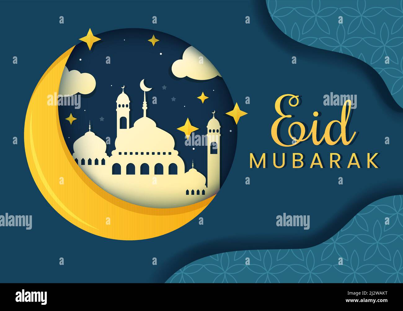 Happy Eid ul-Fitr Mubarak Background Illustration with Pictures of Mosques, Moon, Antennas and ...