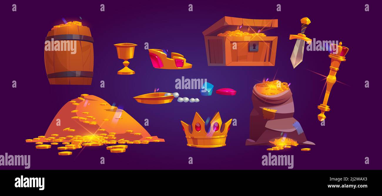 Treasury icons of pile of golden coins, jewelry and gem. Vector cartoon ...