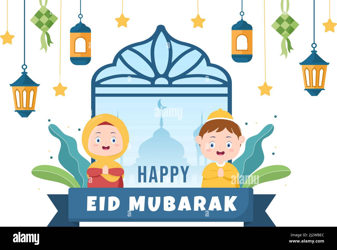 Happy Eid ul-Fitr Mubarak Background Illustration. Muslim People ...