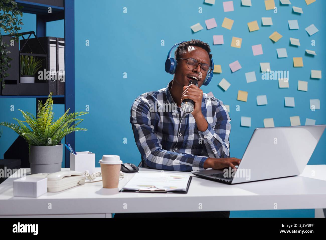 Marketing company office cheerful worker wearing modern wireless ...