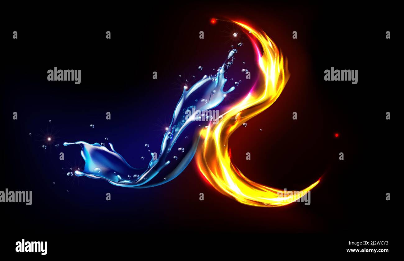 Fire and water splash abstract design, opposites unite concept, blue ...