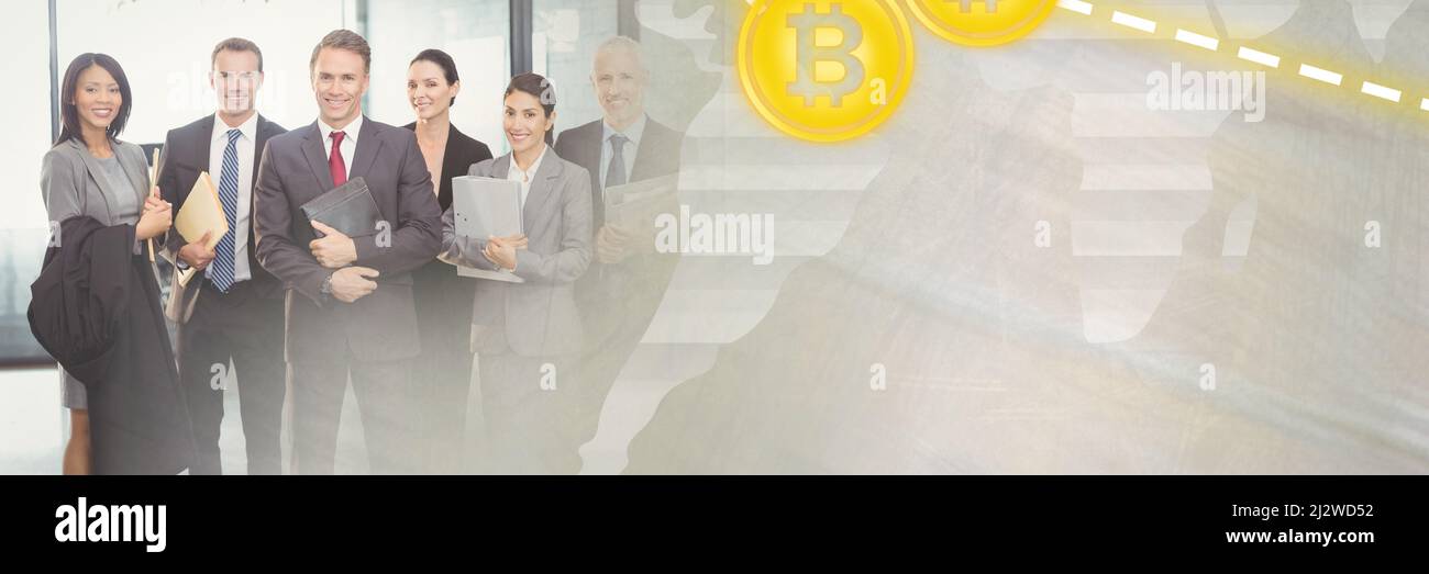 Blur effect with copy space and bitcoin symbols against portrait of ...