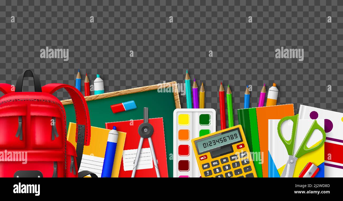 Back to school tools border. Realistic learning supplies. Students ...