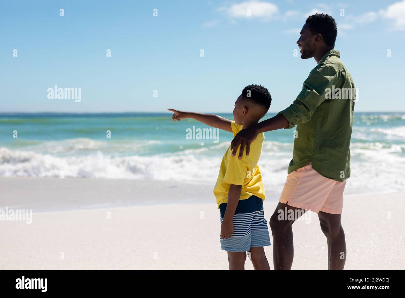 Side view of african american boy pointing while standing by father at ...