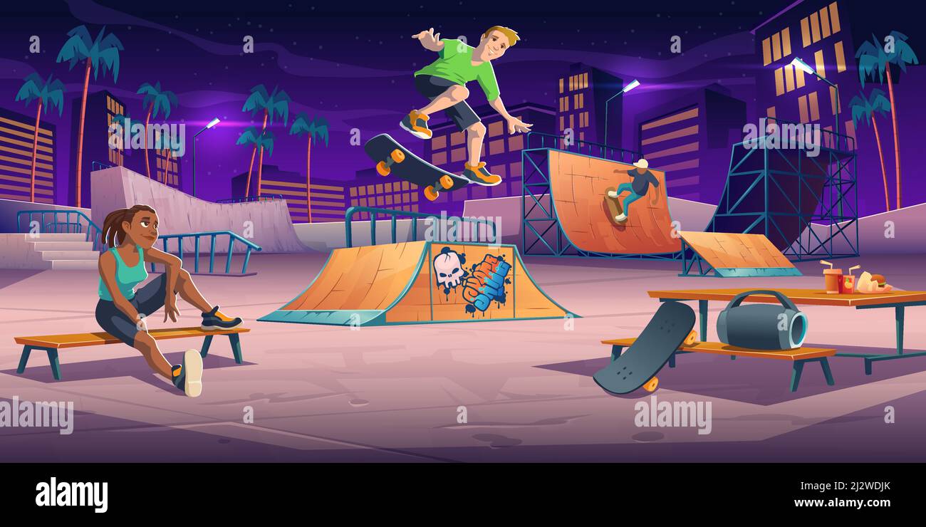 Teenagers at night skate park, rollerdrome perform skateboard jumping ...